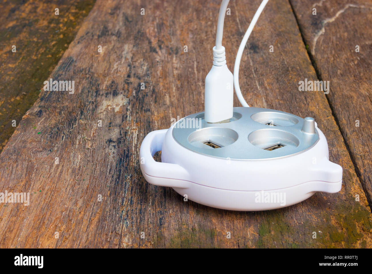 usb hub port white box and Cable channel on wooden vintage background ...