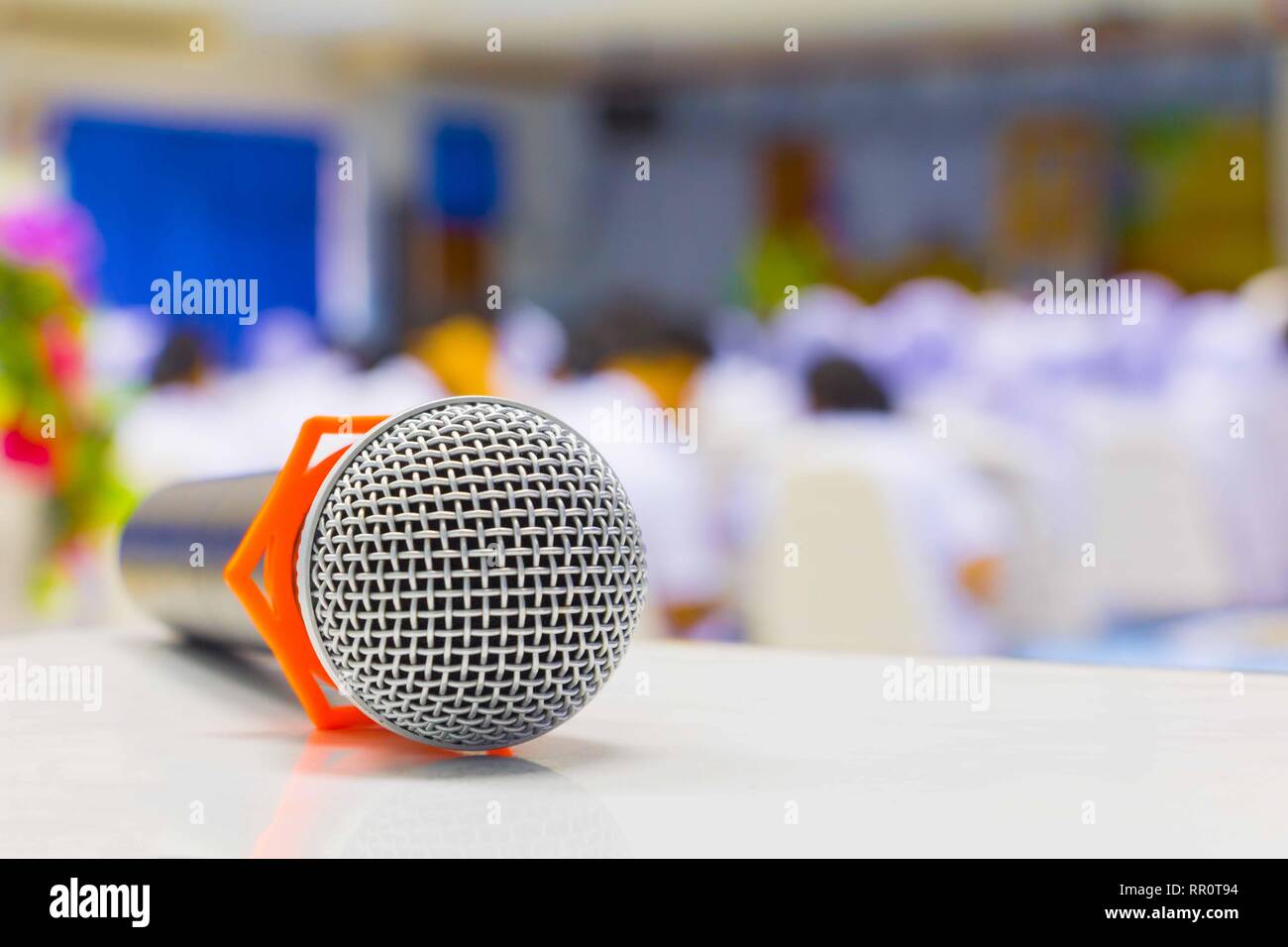 microphone Close up in conference room :Select focus with shallow depth ...