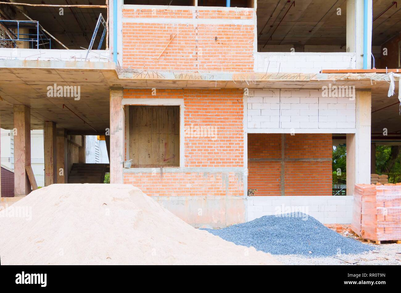 wall made brick and sand construction site outside in building high ...
