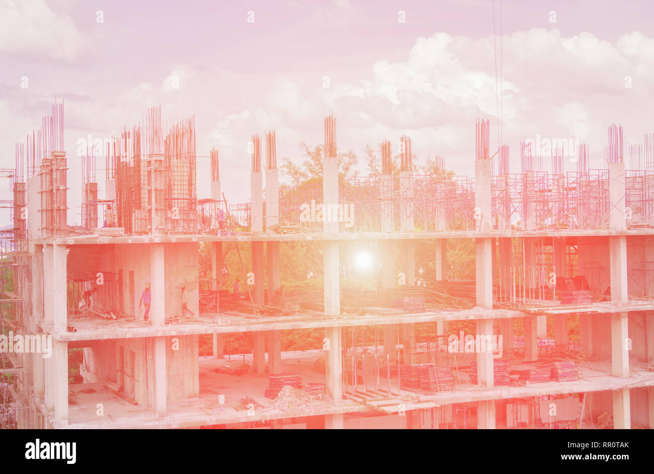 construction work in building site workplace with worker and sunrise ...