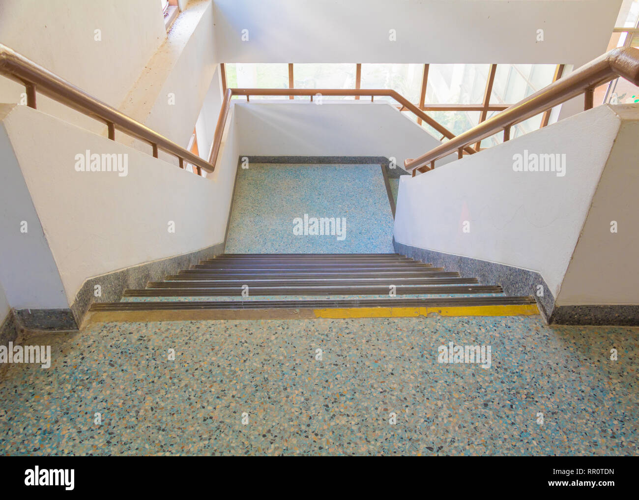 stairs blue old terrazzo floor walkway down Inside the building. select ...
