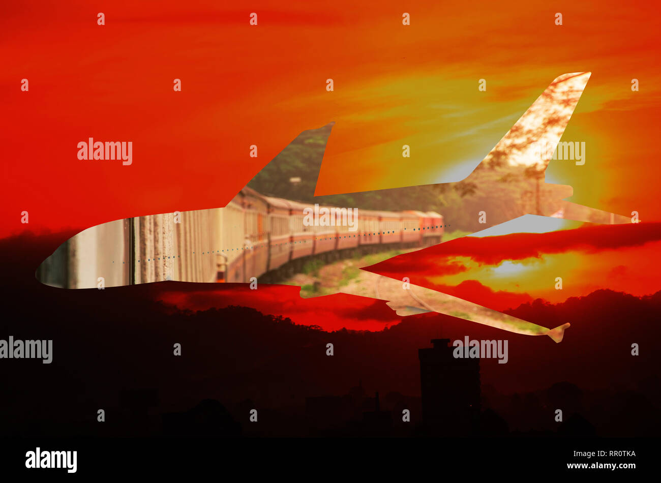 airplane and train Concept transportation with sunrise Morning sky ...