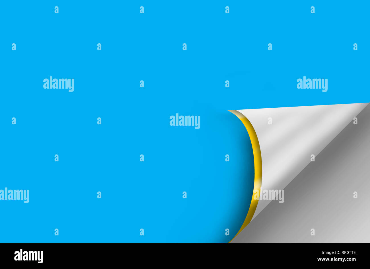 curled corner of blue paper page with shadow which has color golden ...