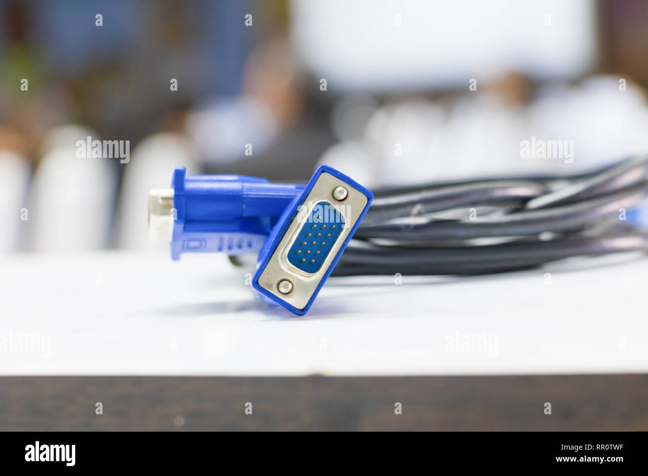 old dirty VGA tech cable connector of computer on table white Blur ...