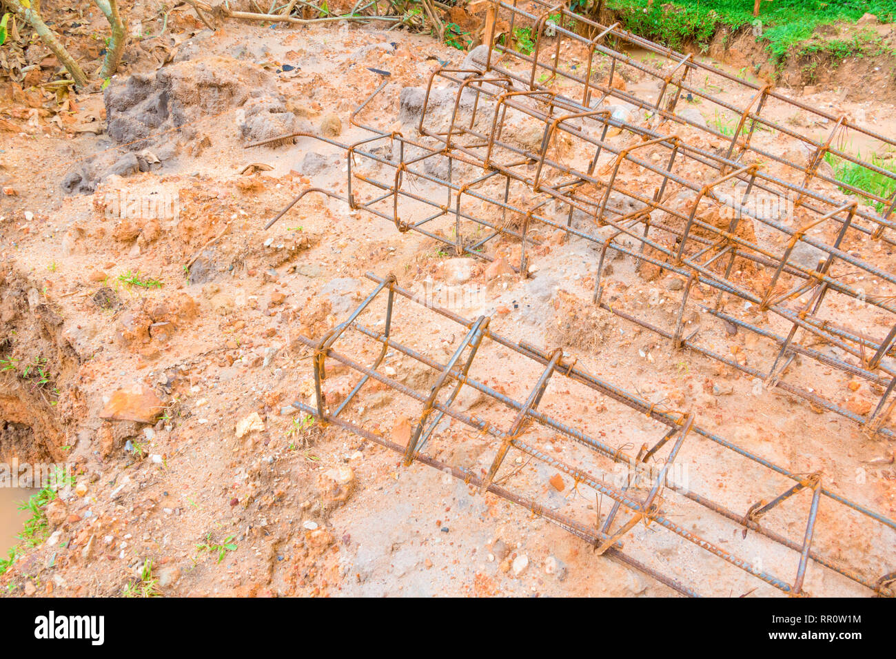 steel post on ground in construction work industry at building site ...