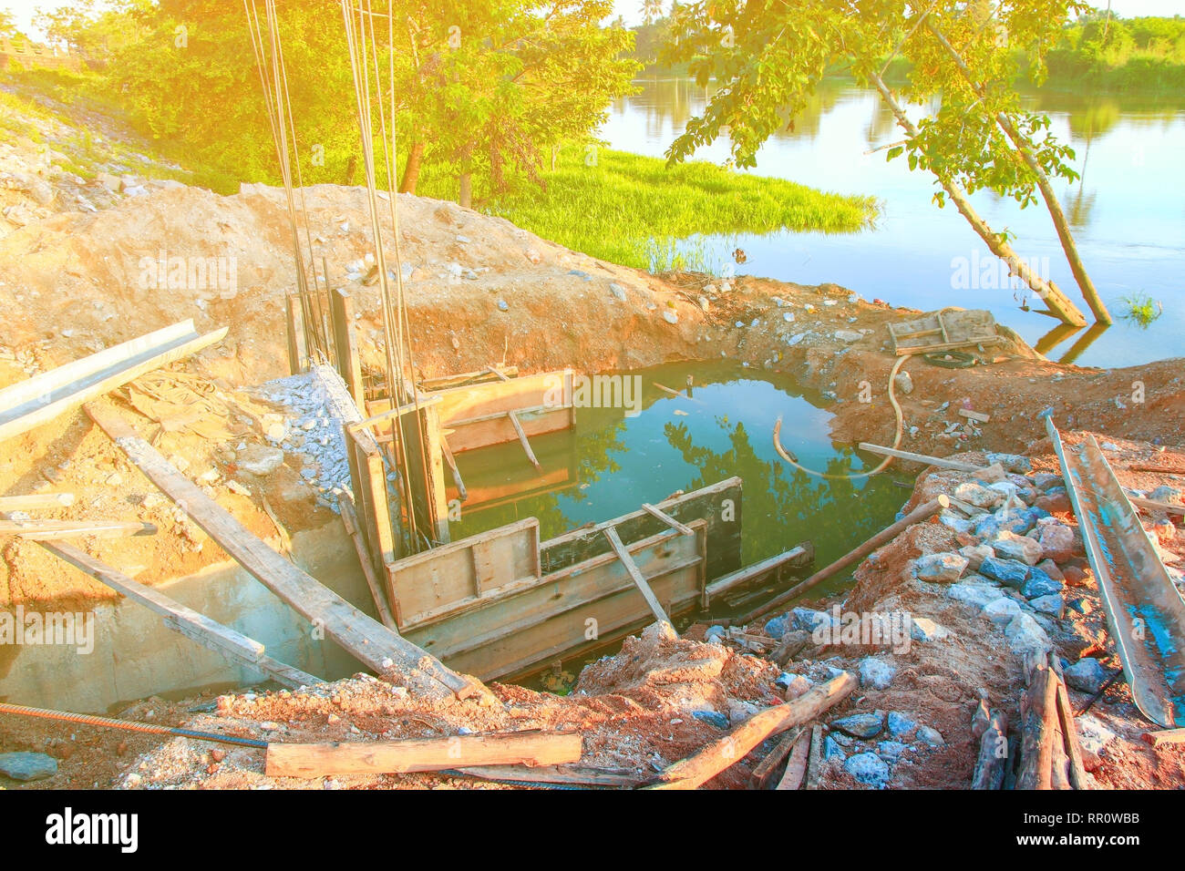 Construction bridge cross river with copy space add text ( full High ...