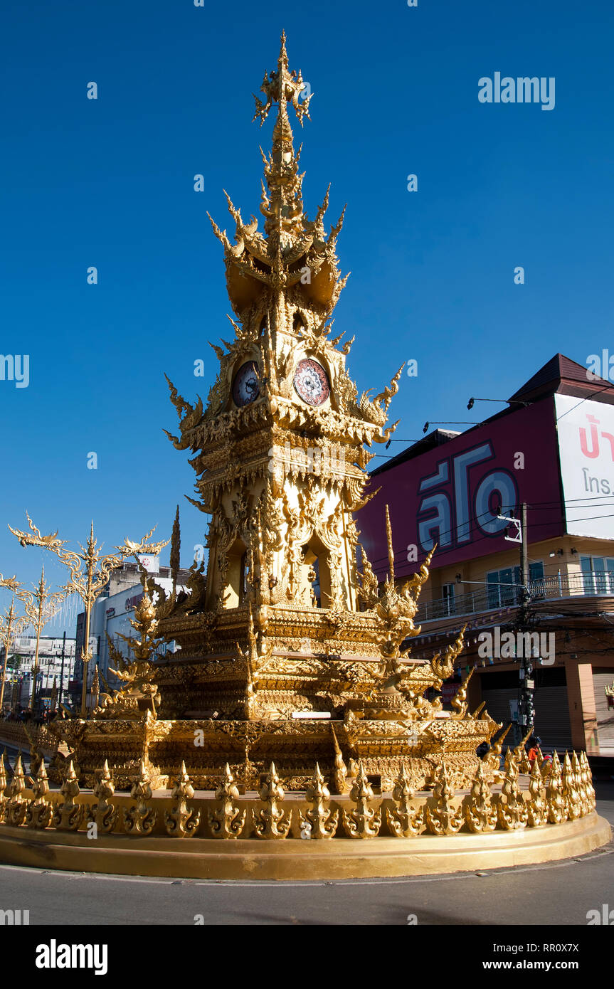 Chiang Rai Thailand Dec 26 2018, streetscape with ornate golden clock ...