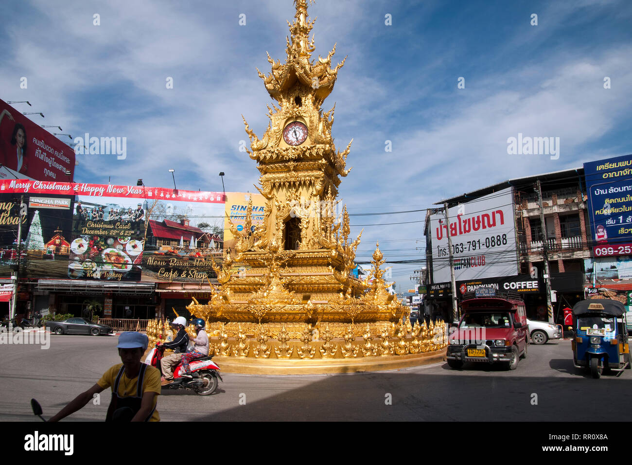 Chiang Rai Thailand Jan 5 2019, streetscape with ornate golden clock ...