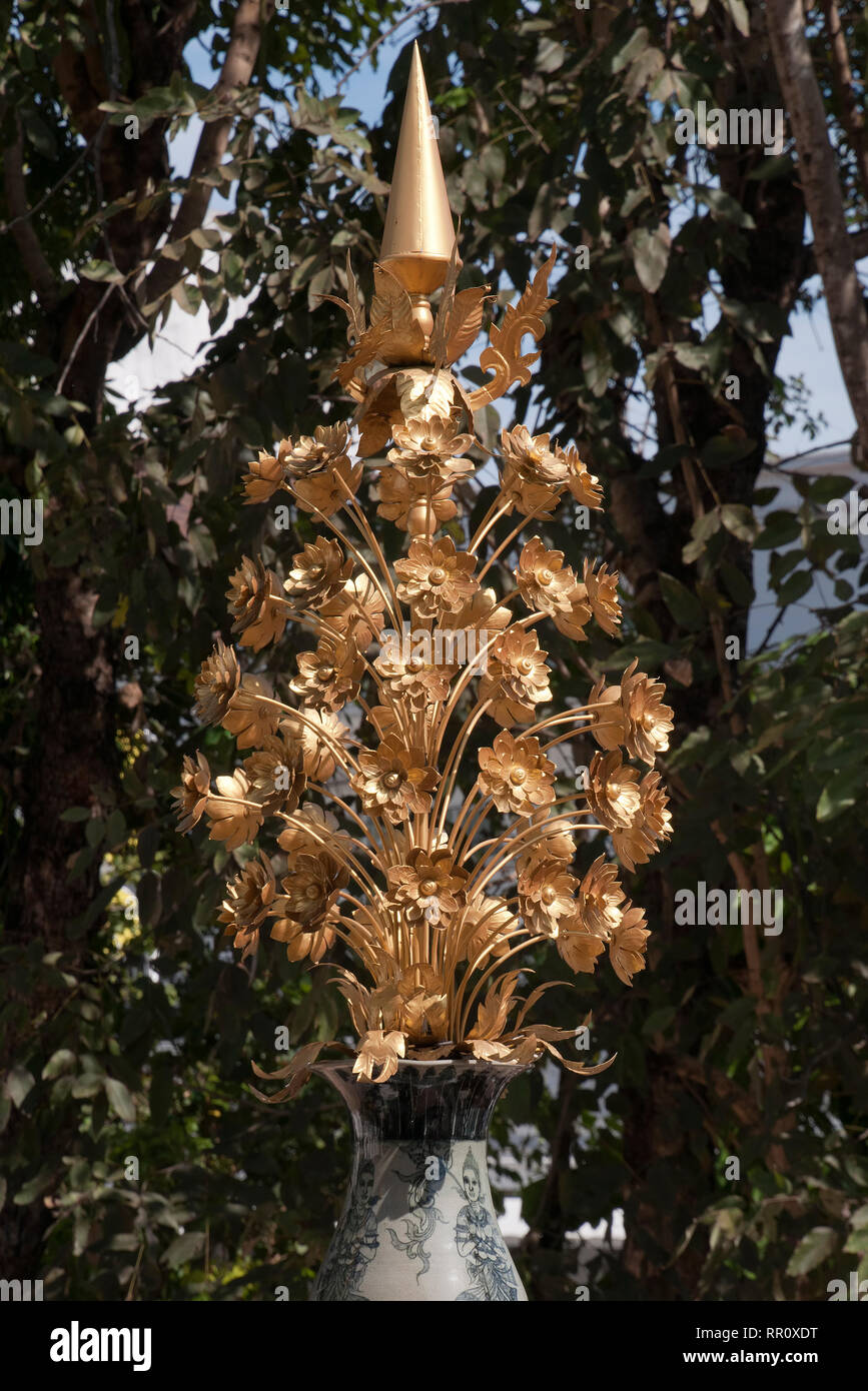 Chiang Rai Thailand, metallic floral tree decoration at wat ming muang ...