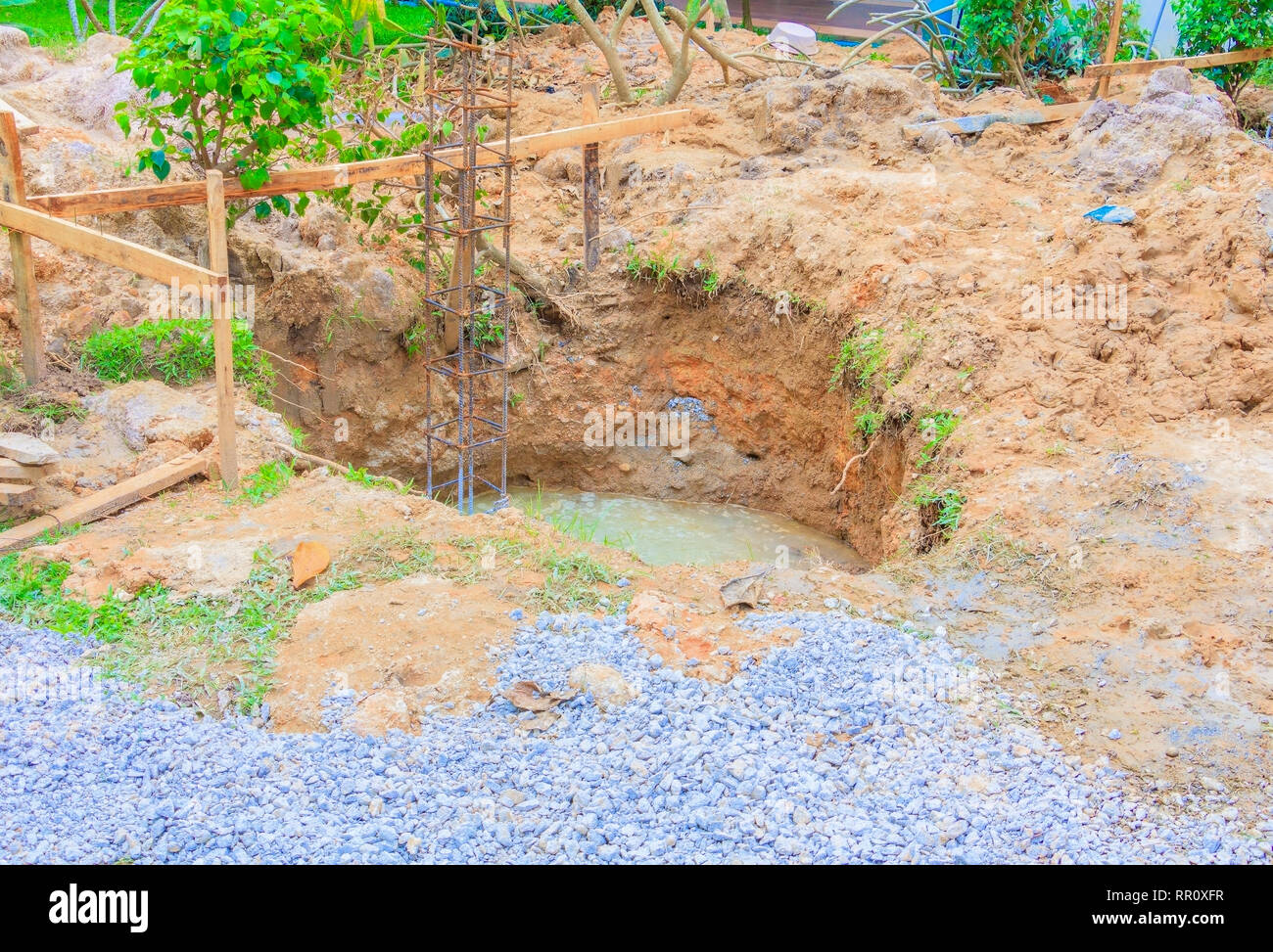 post metal in Hole of foundation construction building site making with ...