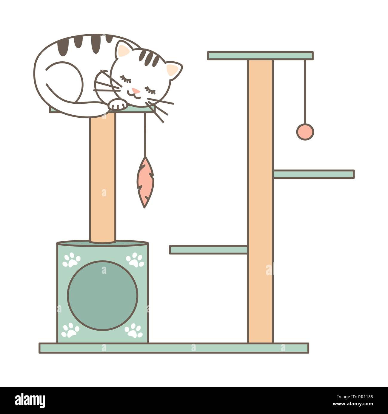 cute cartoon vector cat house and scratching post with lovely sleeping ...