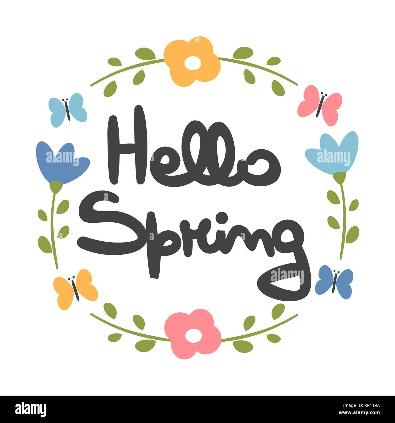 cute hand drawn lettering hello spring vector card with flowers and ...
