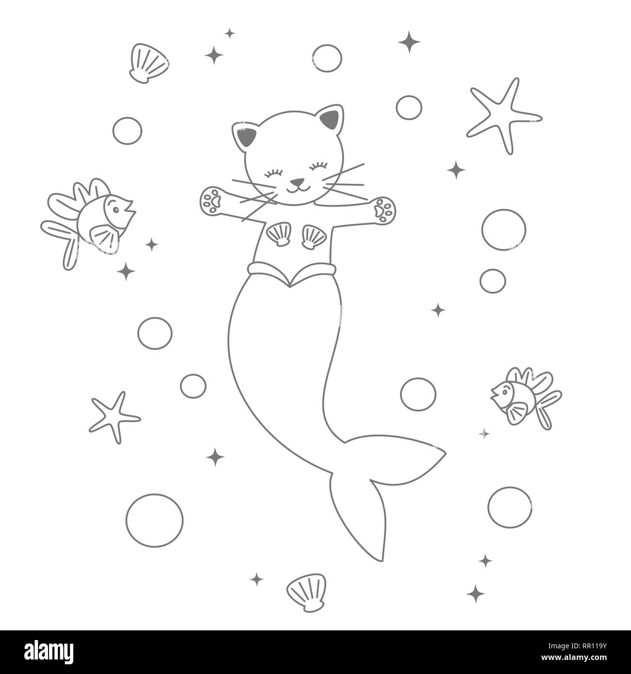cute cartoon black and white mermaid cat under the sea vector funny ...