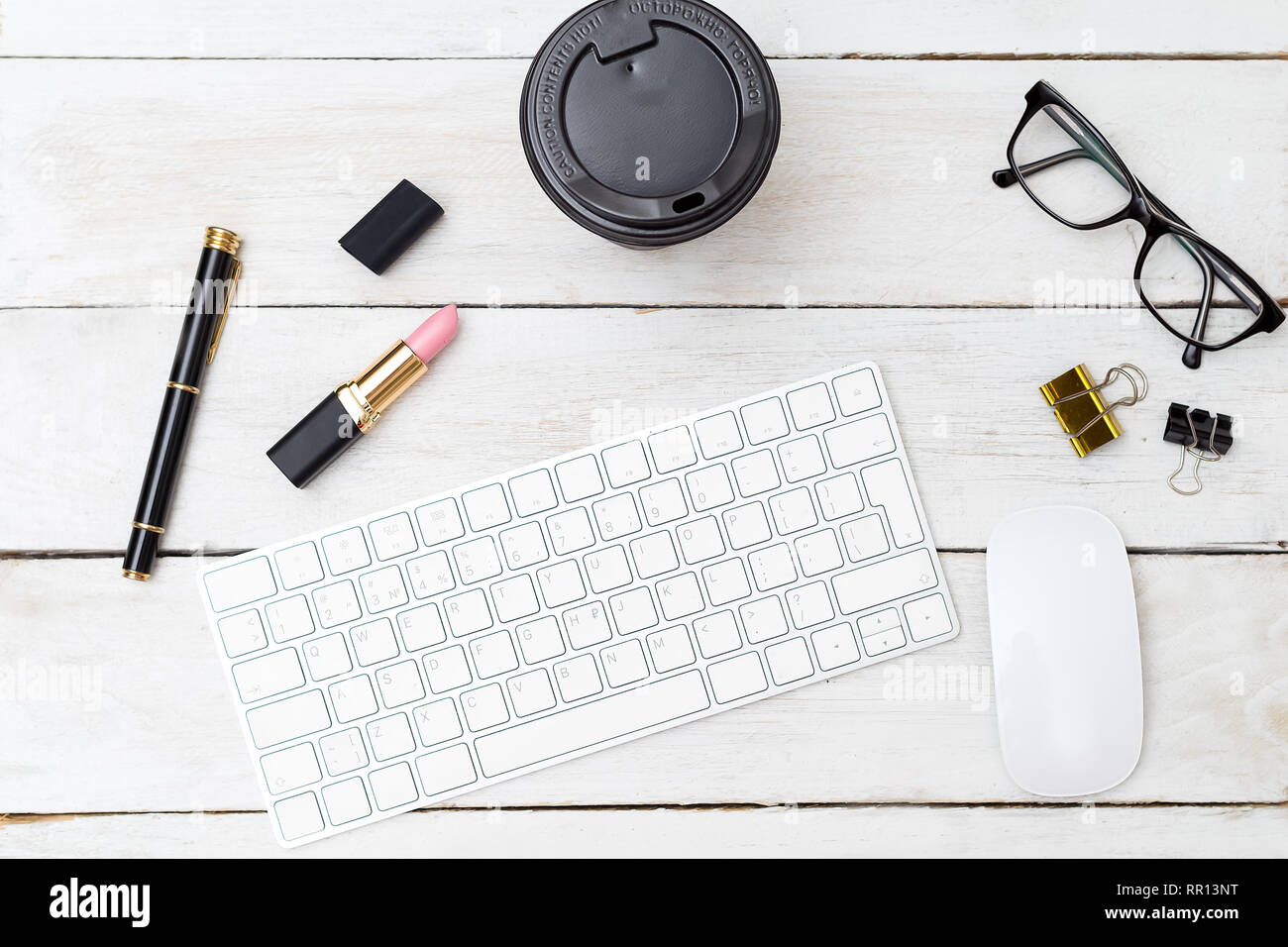 styled feminine desktop. black and white flat lay Stock Photo - Alamy