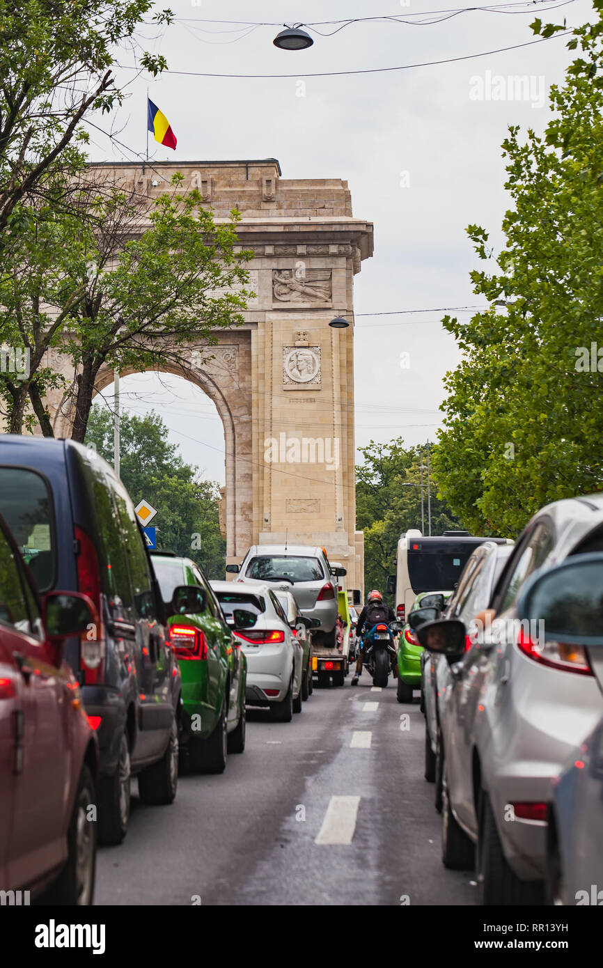 Heavy traffic in the afternoon in Bucharest, Romania on a main ...