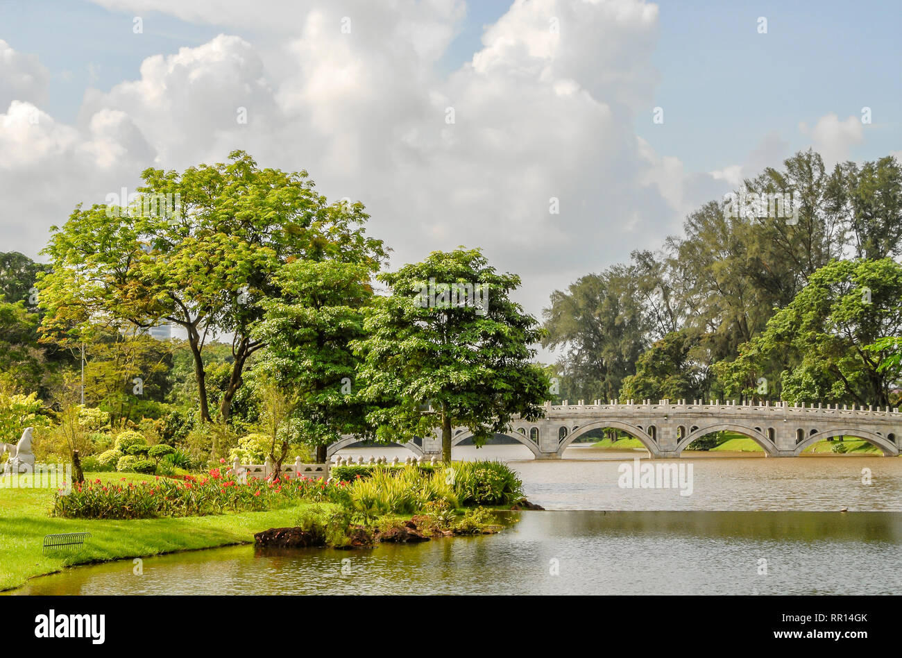 Singapore. Chinese Garden, surrounded by lush greenery and a ...