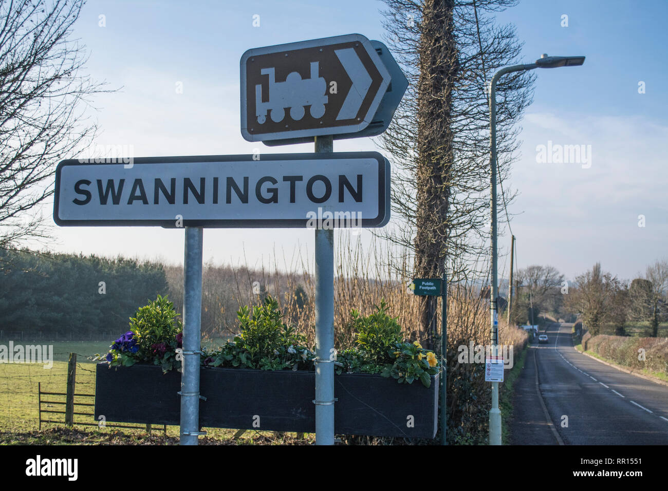 Road sign for the leicestershire village of Swannington and the ...