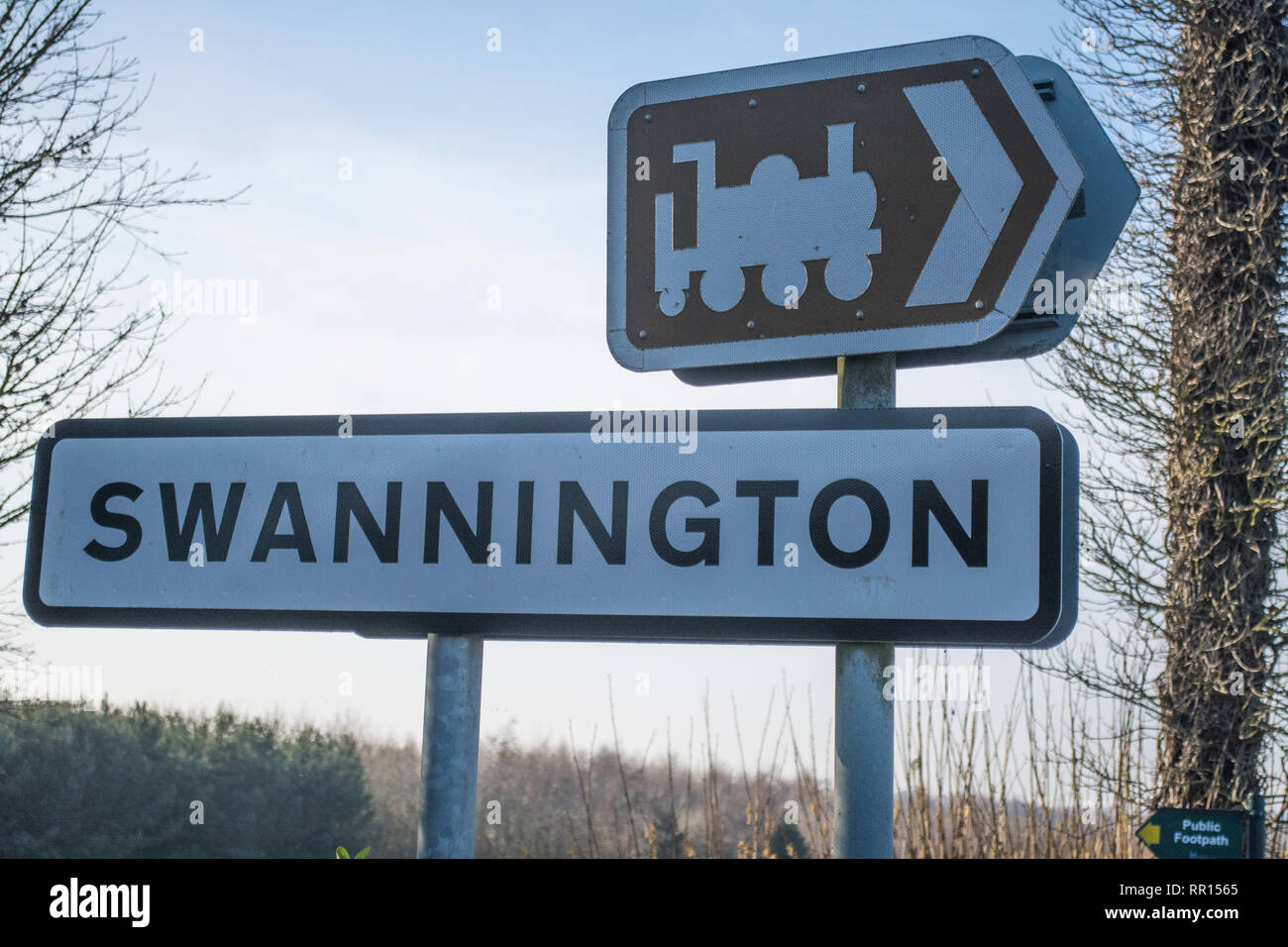 Road sign for the leicestershire village of Swannington and the ...