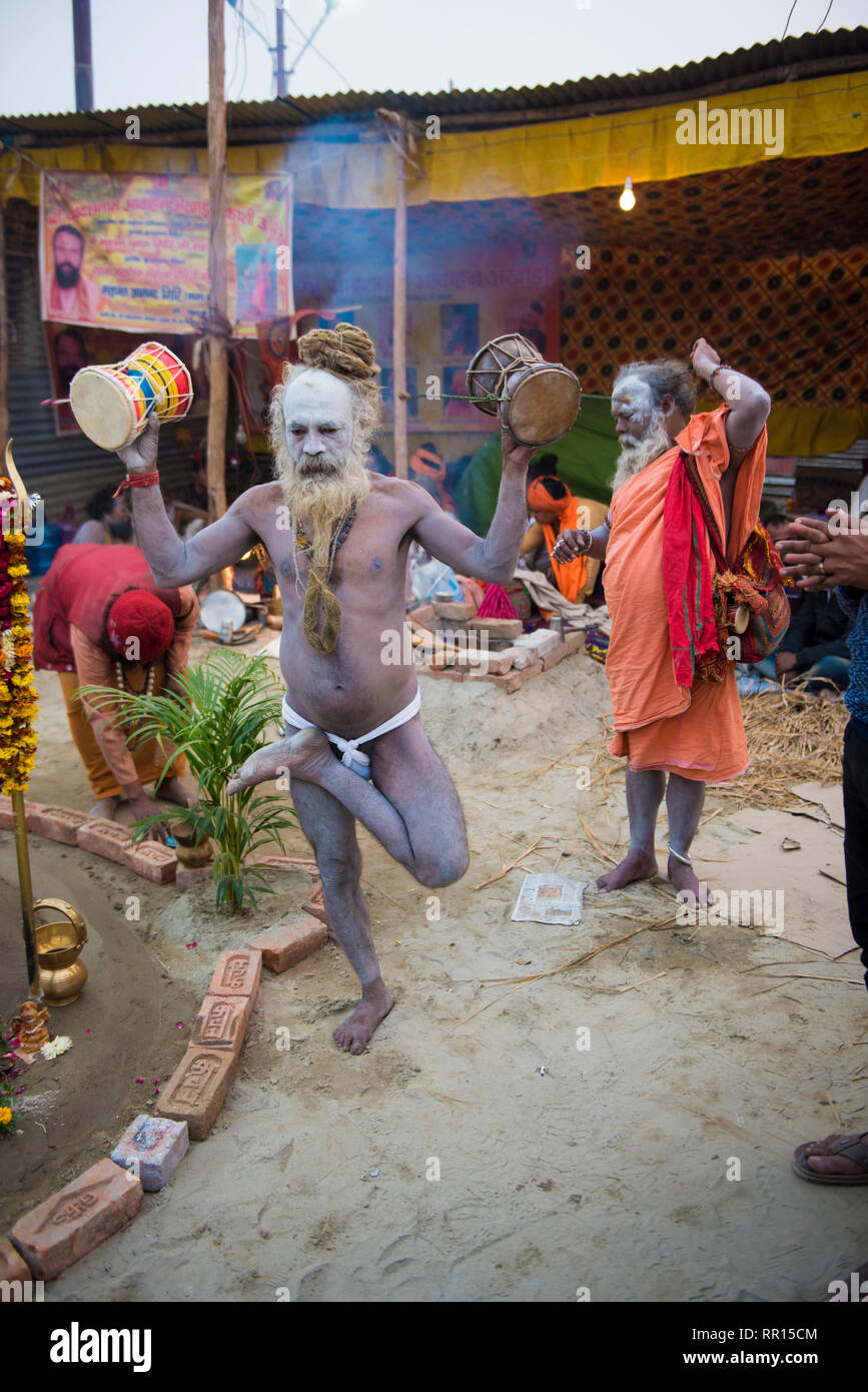Allahabad / India 14 January 2019 Indian holy man priest sadhu playing ...