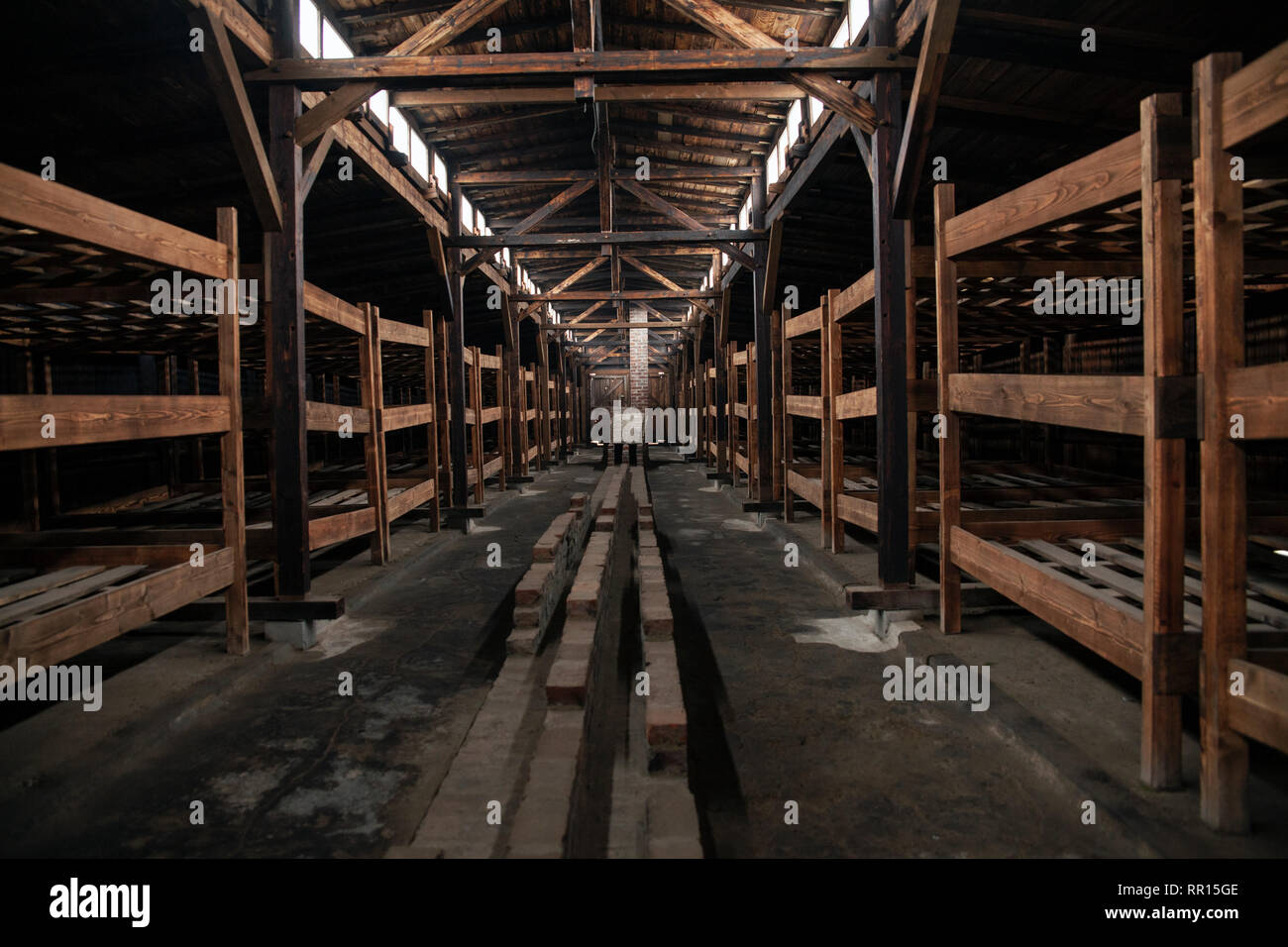 Bunks of prisoners in the barracks of the concentration camp. A ...