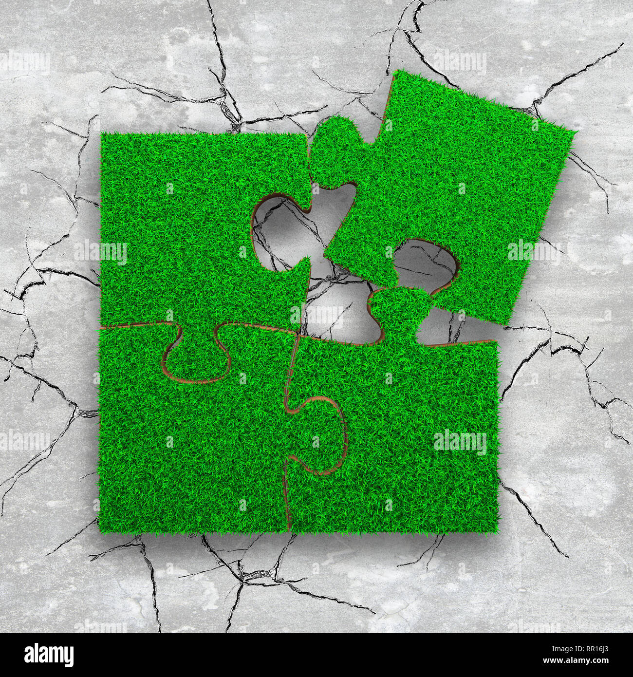 Jigsaw puzzles of green grass texture, on cracked light grey concrete ...