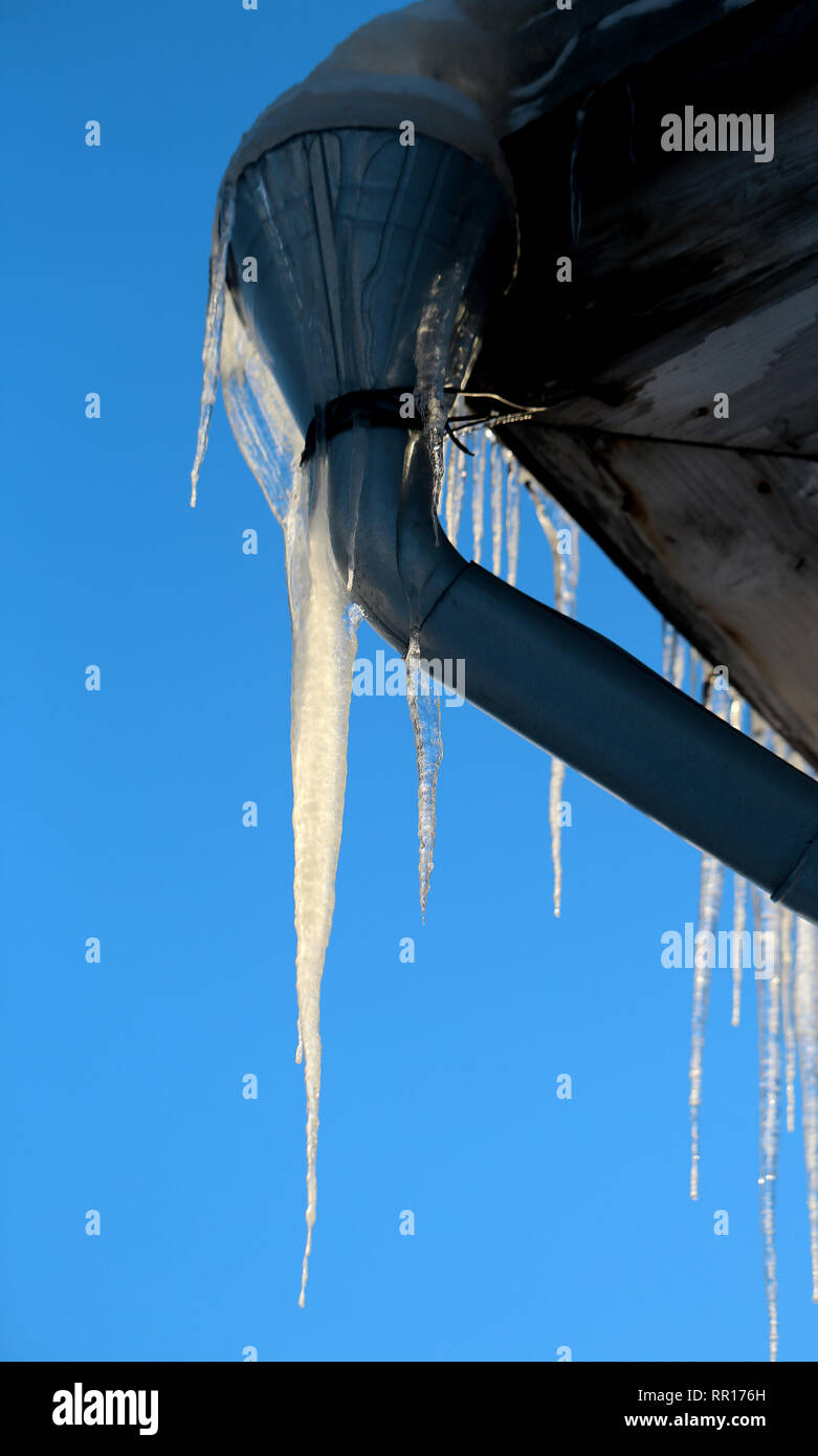 Beautiful big icicles hanging on the building take a close-up picture ...
