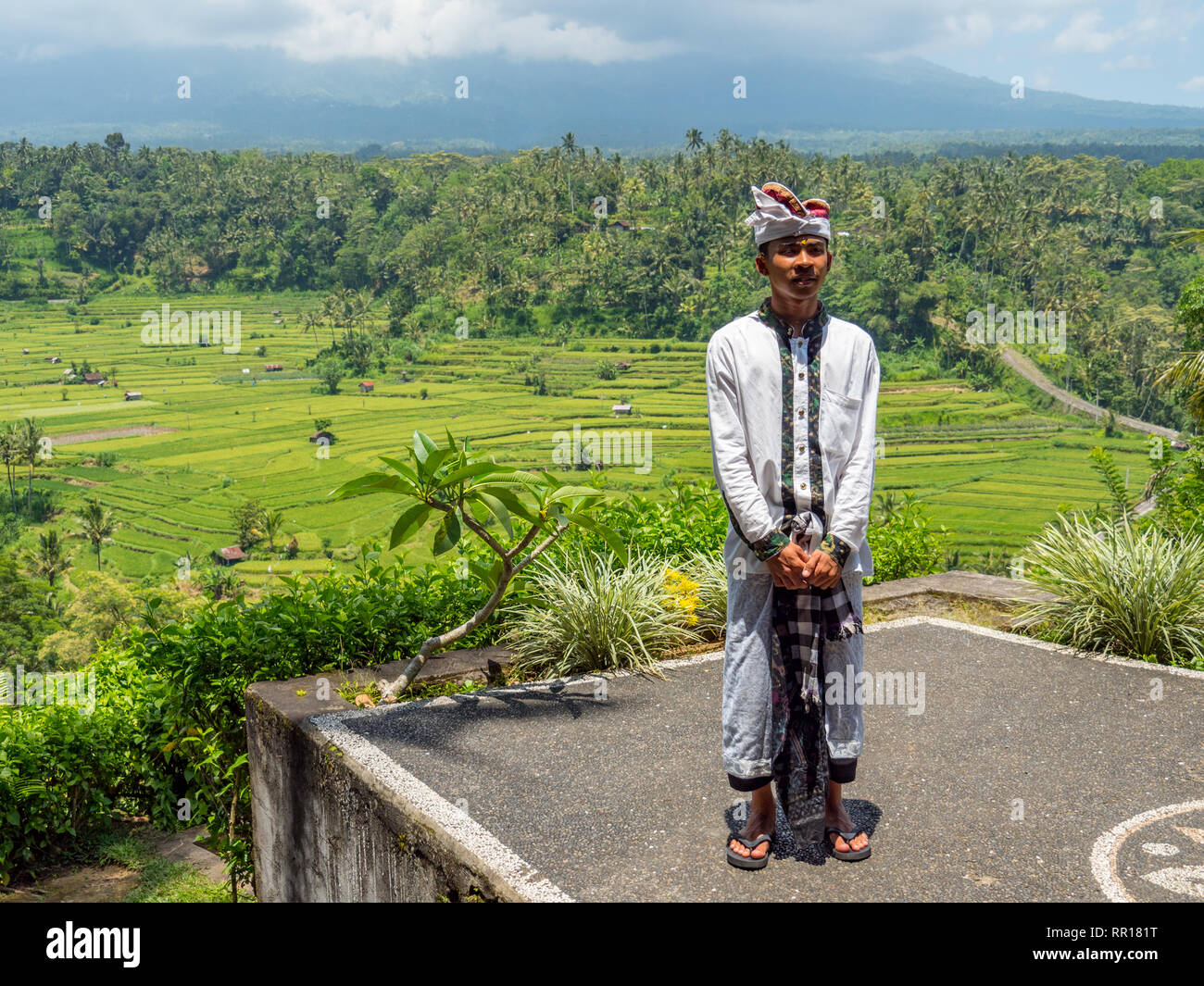 Rice fields with Mount Agung in Bali Indonesia with local Stock Photo ...