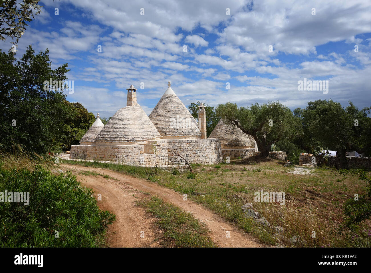 Dirt road towards cone-shaped trulli houses with olive trees in the ...