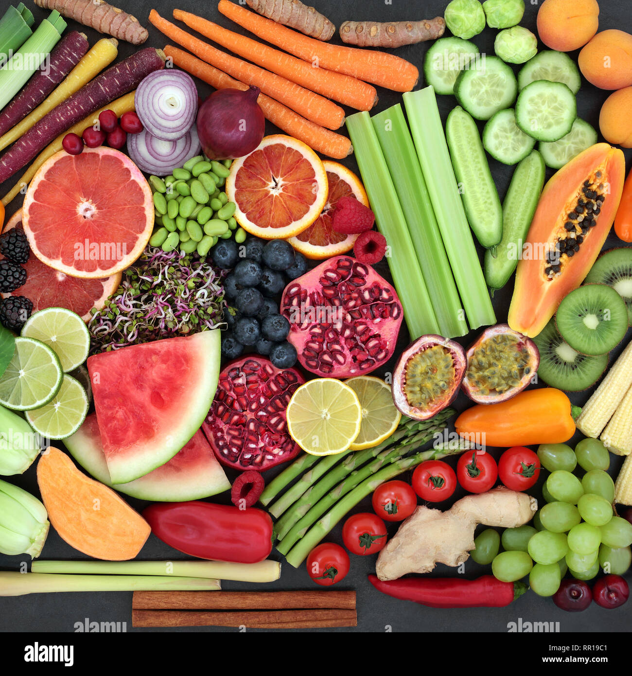 Health food with superfood of fresh fruit, vegetables, herbs & spice on ...
