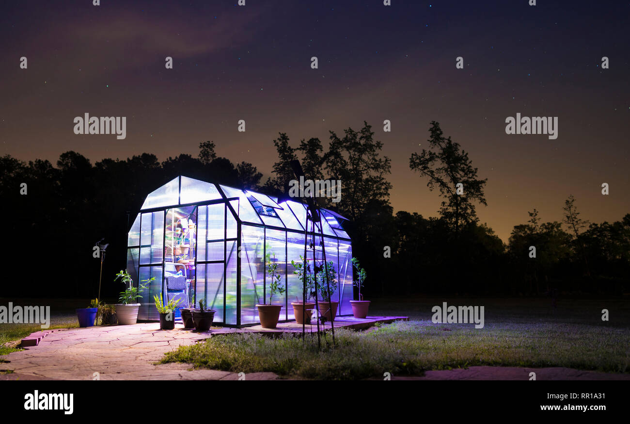 Greenhouse lighted at night with stars behind and door open Stock Photo ...