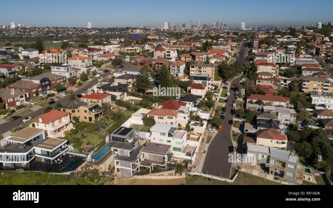Aerial view of housing and real estate in eastern suburbs of Sydney ...