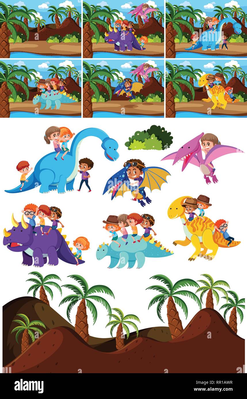 Set of dinosaur character and scene illustration Stock Vector Image ...