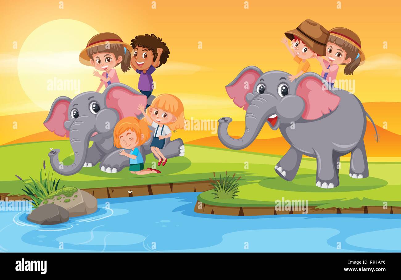 Children riding elephant in anture illustration Stock Vector Image ...