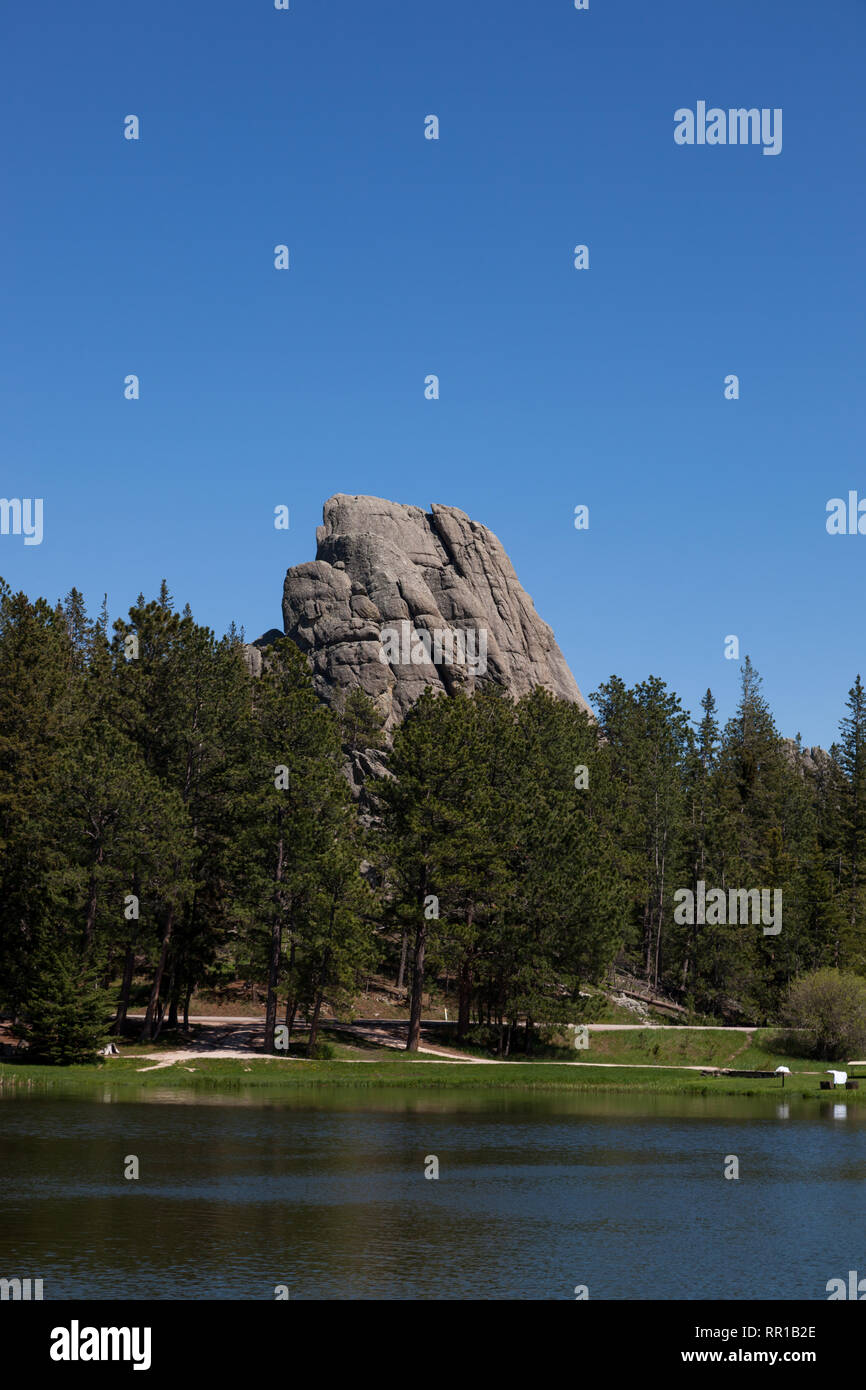 The unique rock formation of Little Devils Tower rising above the tree ...