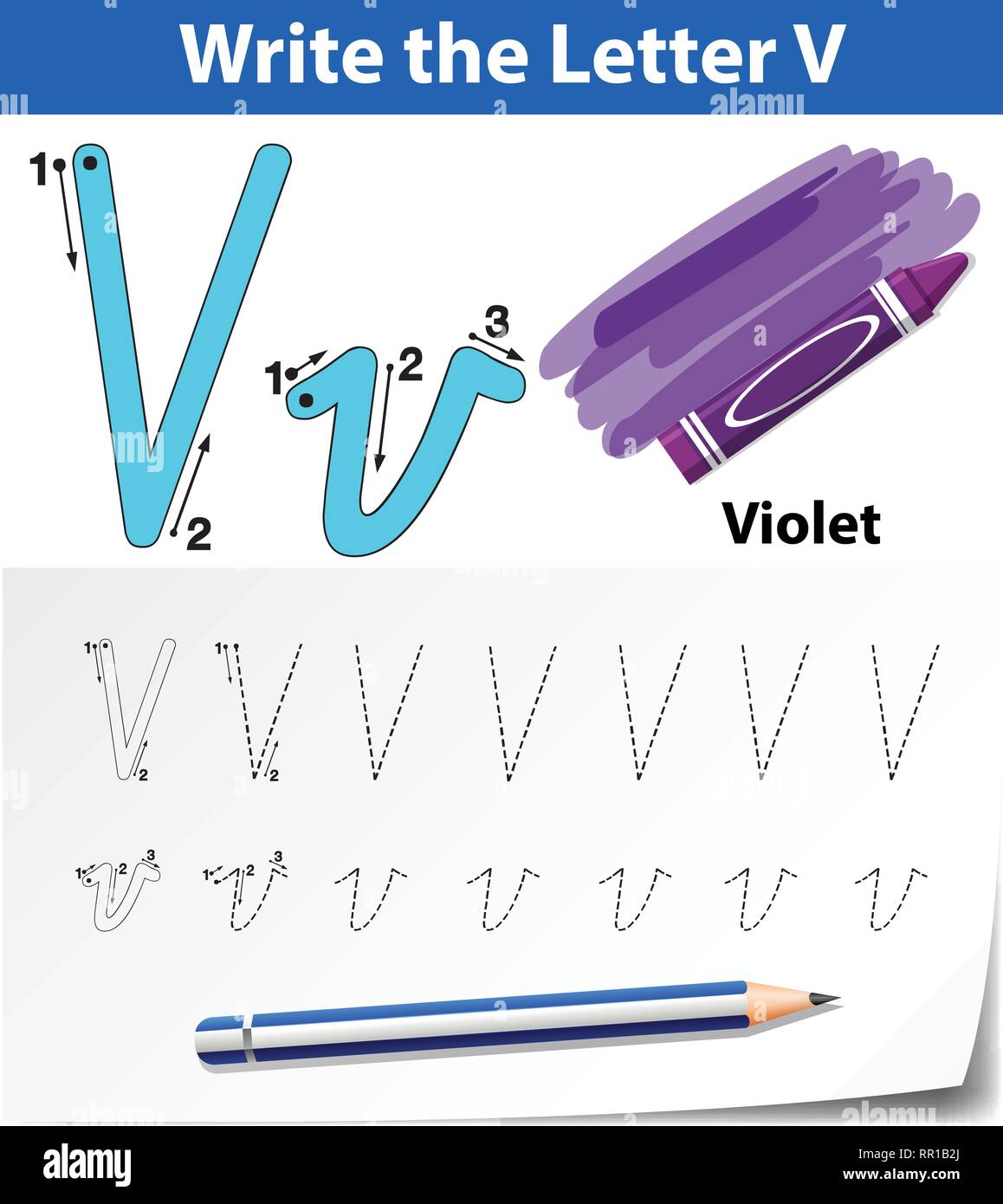 Letter V tracing alphabet worksheets illustration Stock Vector Image ...