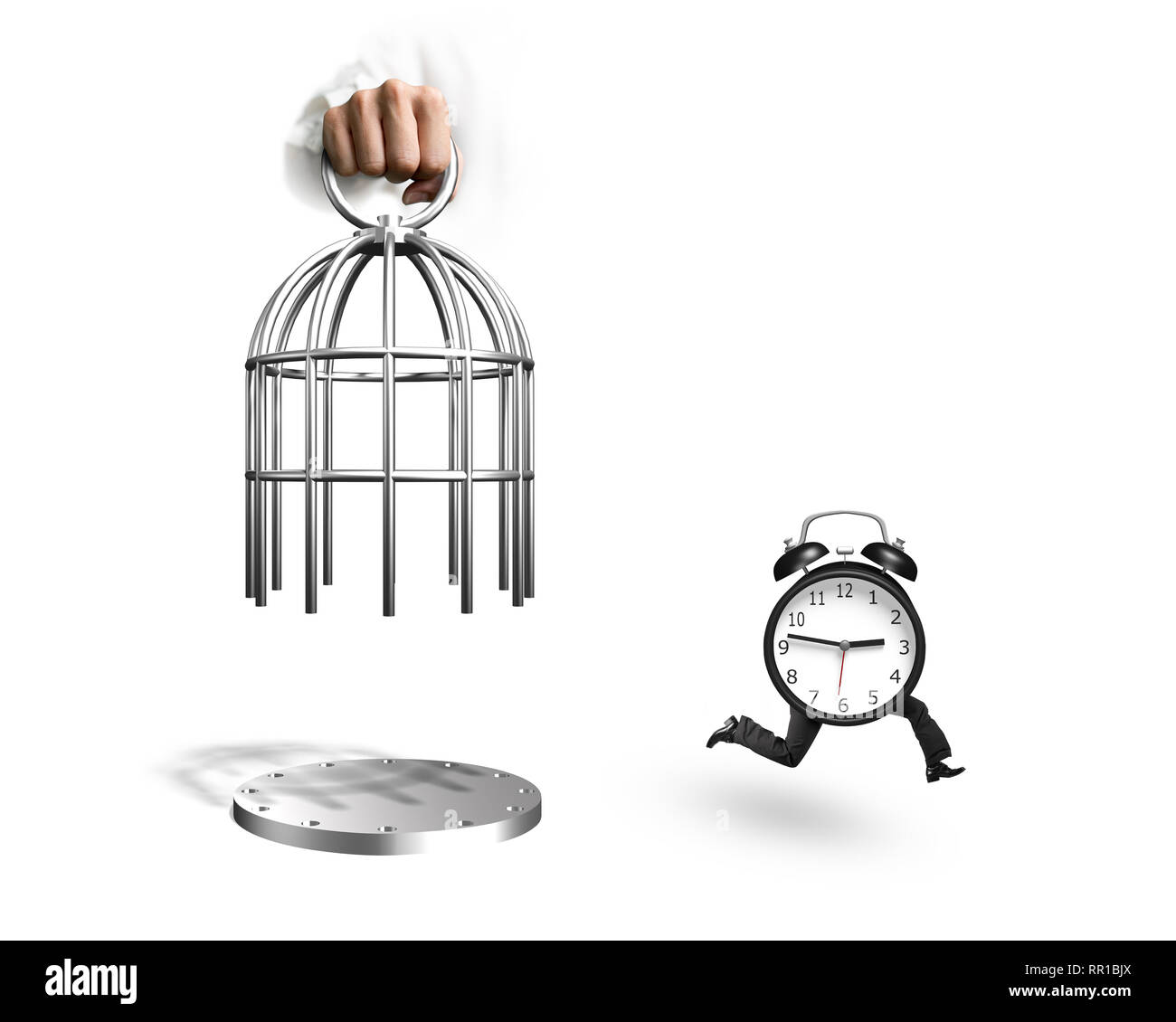 Hand opening the cage and alarm clock with human legs running, isolated ...