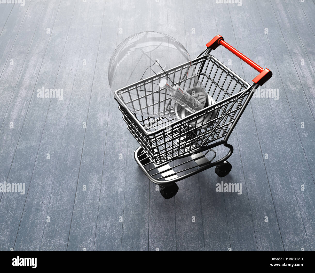Small shopping cart with large light bulb, high angle view, on wooden ...