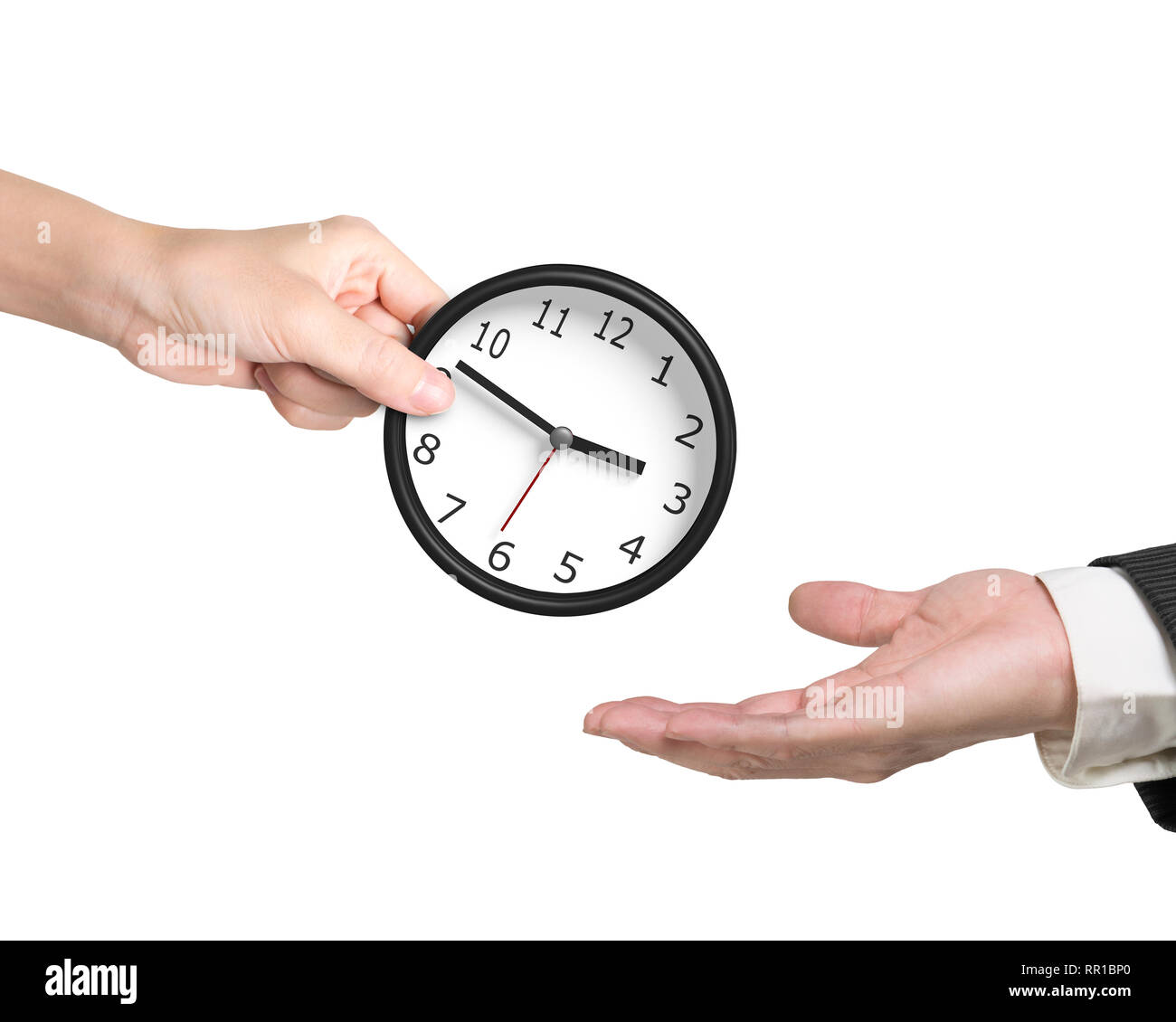 Woman's hand giving a clock to man's hand, isolated on white. Time is ...