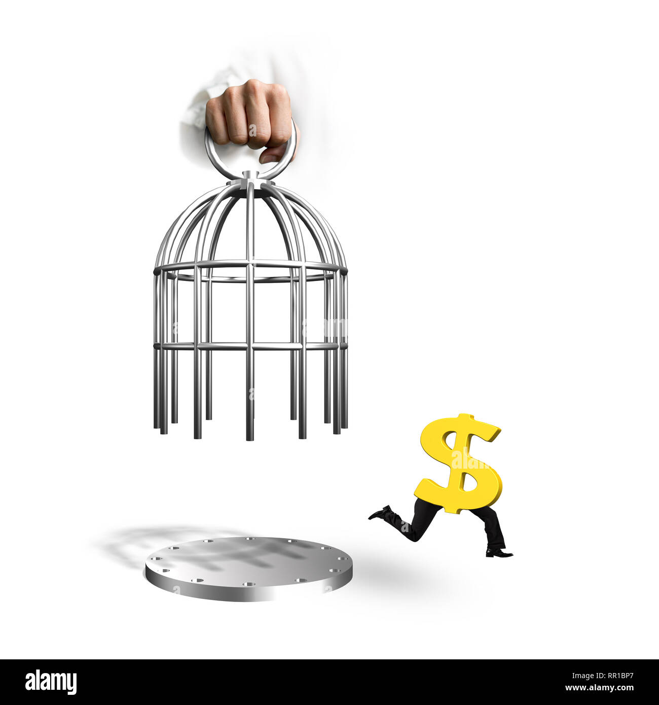 Hand opening the cage and golden dollar sign with human legs running ...