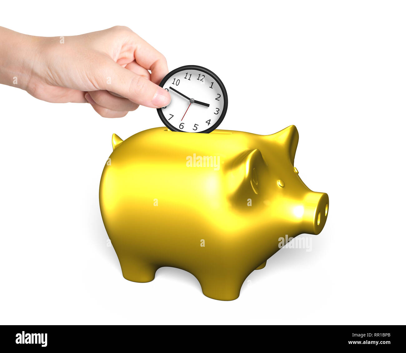 Hand putting the clock into golden piggy bank, isolated on white ...