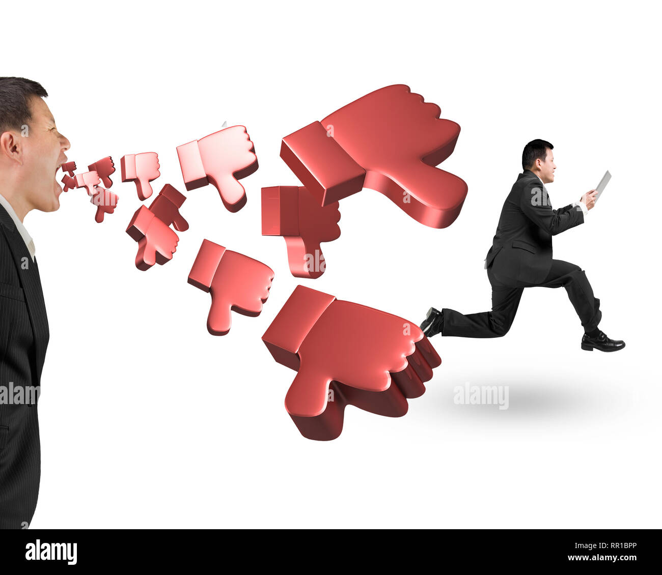 Boss yelling at running employee holding table with spraying out 3D ...