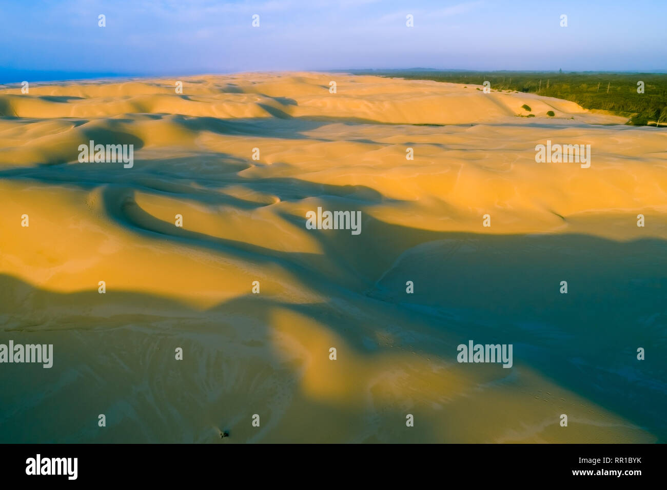 Anna Bay sand dunes at sunrise - aerial view. New South Wales ...