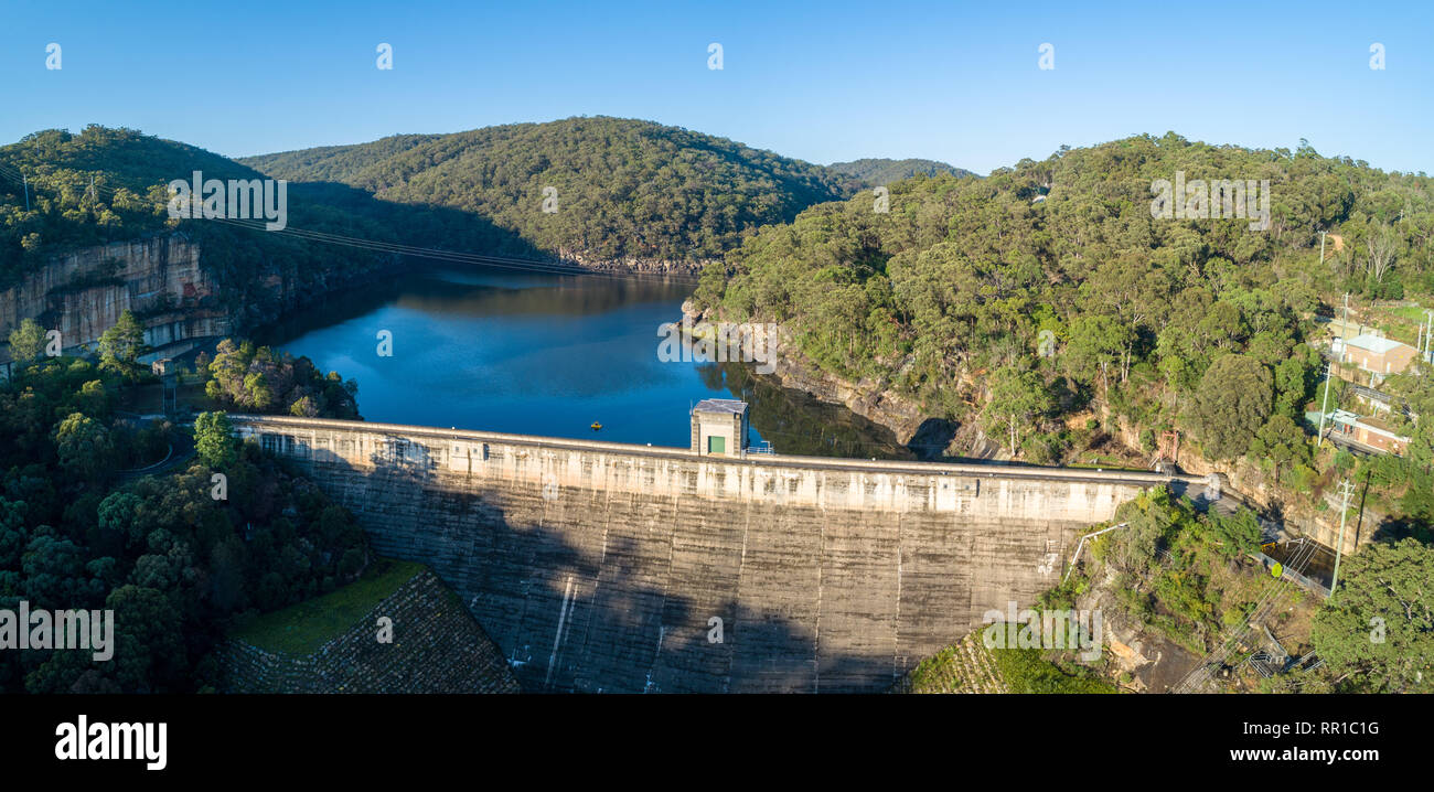 Aerial panorama of Nepean Dam wall and lake Nepean at sunrise. Bargo ...