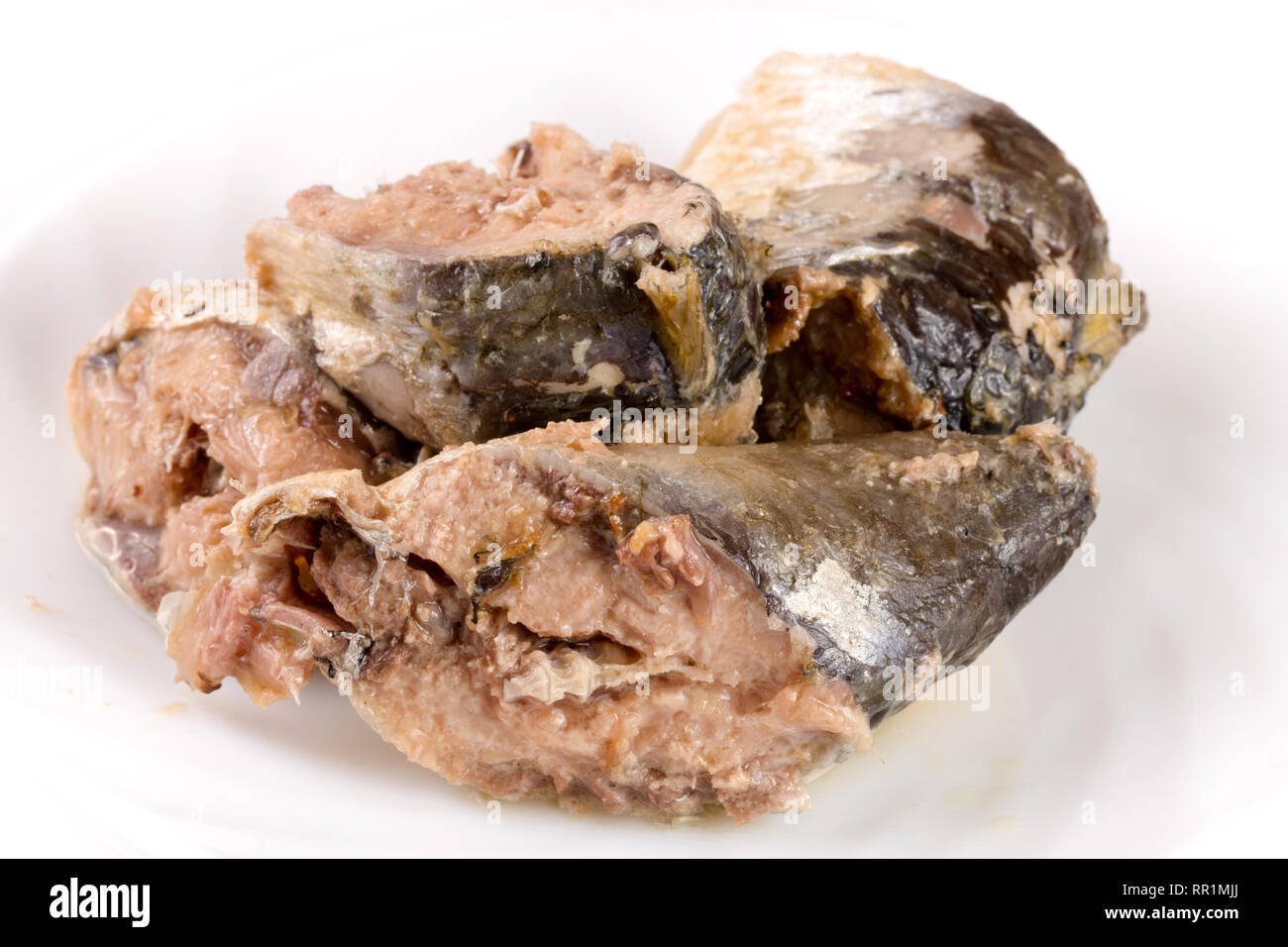 Canned pilchard fish on a plate isolated white background Stock Photo ...