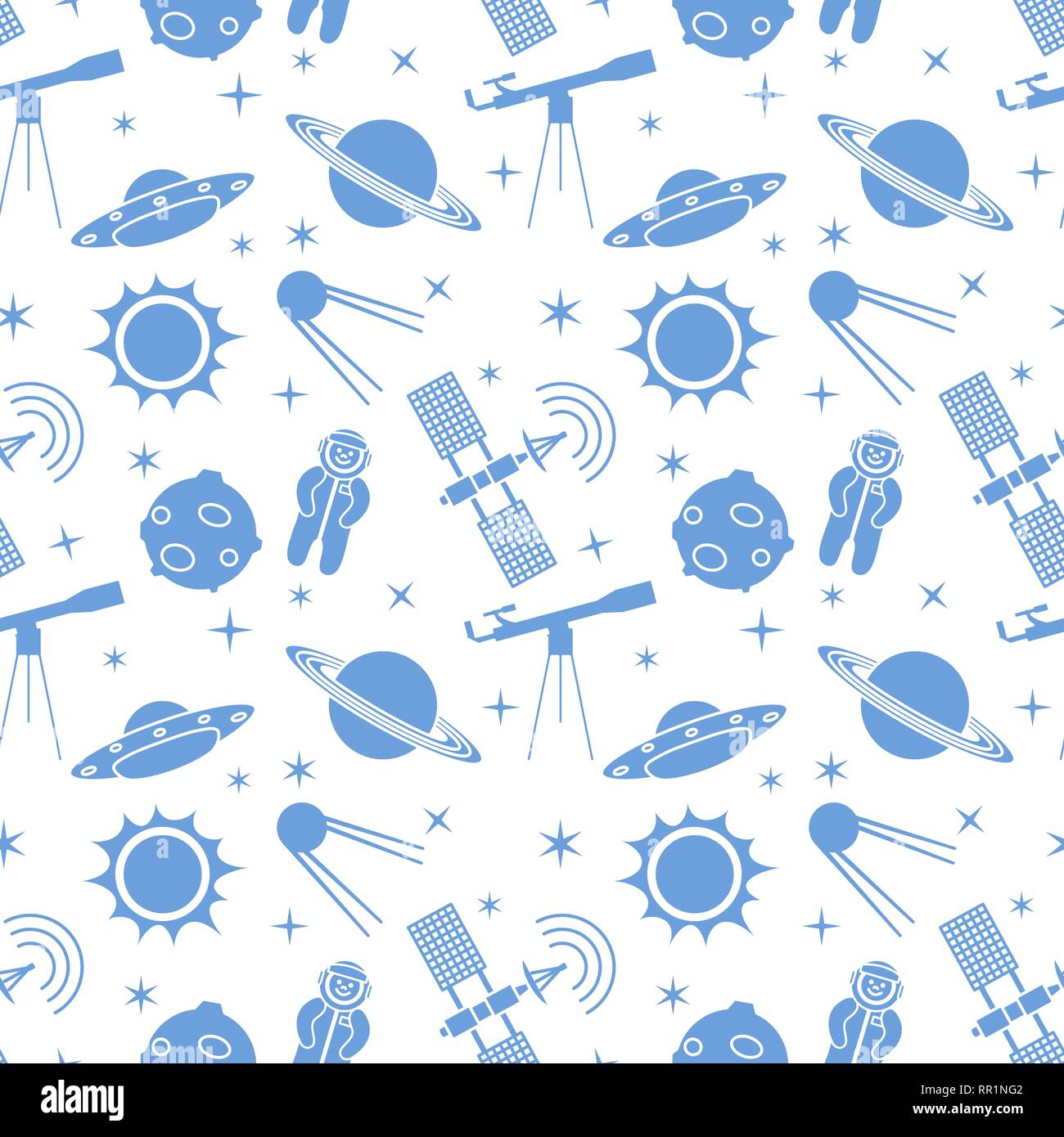 Seamless pattern with telescope, UFO, satellite, planets, astronaut ...
