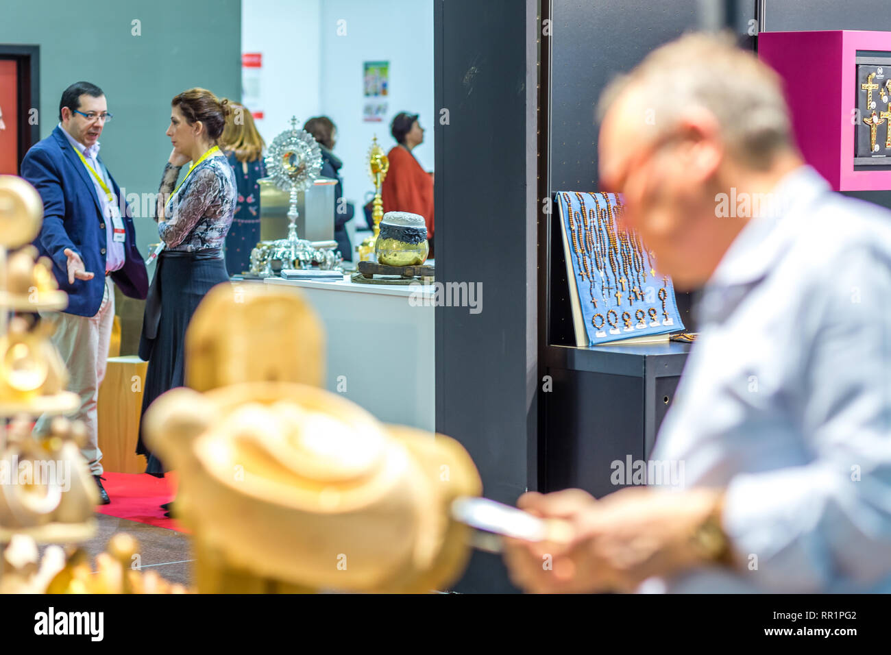 BOLOGNA, ITALY - FEBRUARY 18, 2019: sculptor carving statue at stand of ...