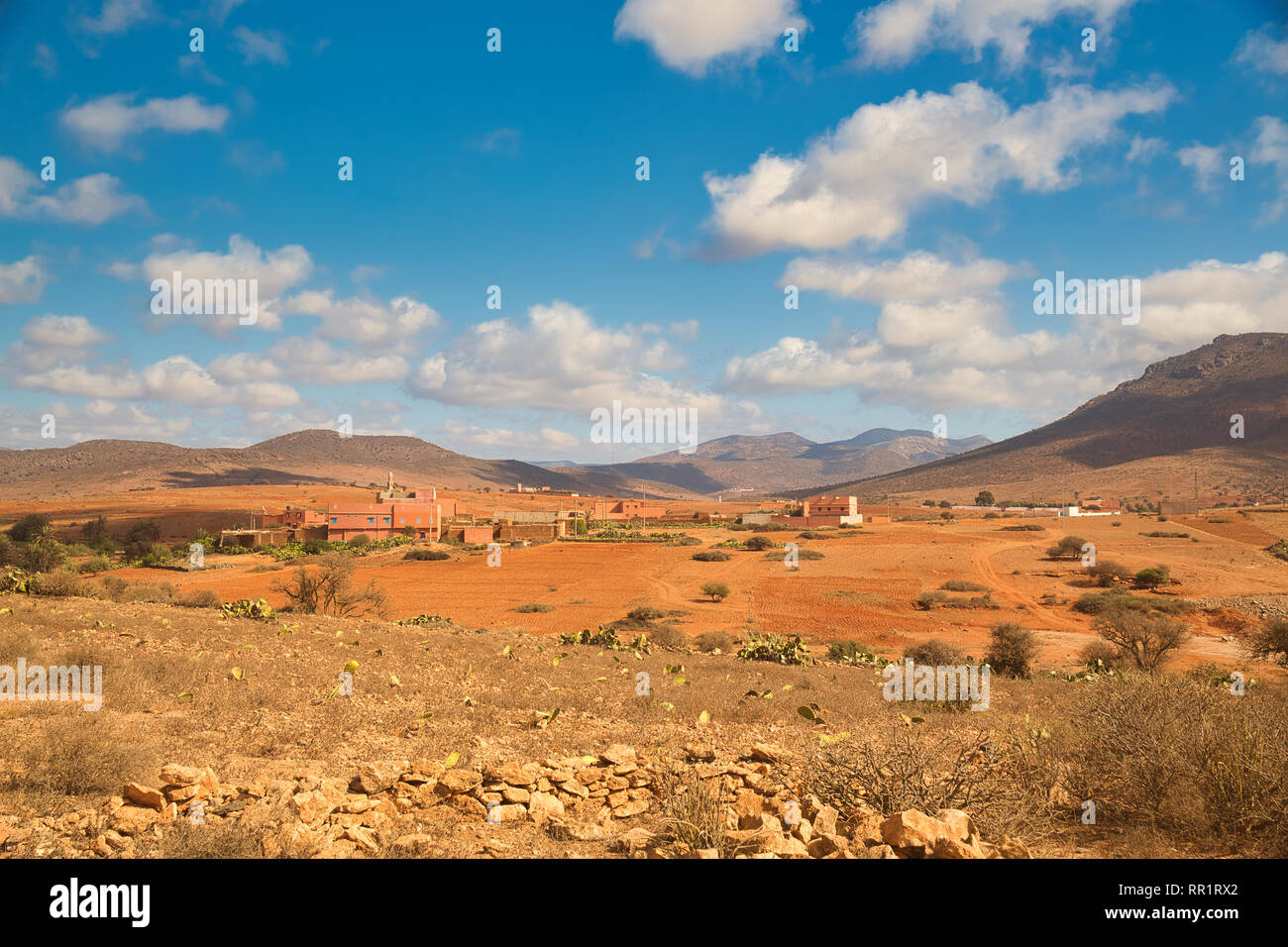 Panoramic Moroccan landscape, village, hills and mountains on ...