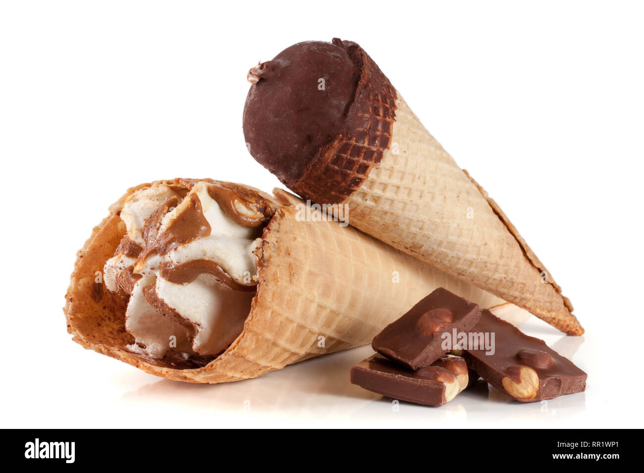 two cones of ice creams with chocolate bar isolated white background ...