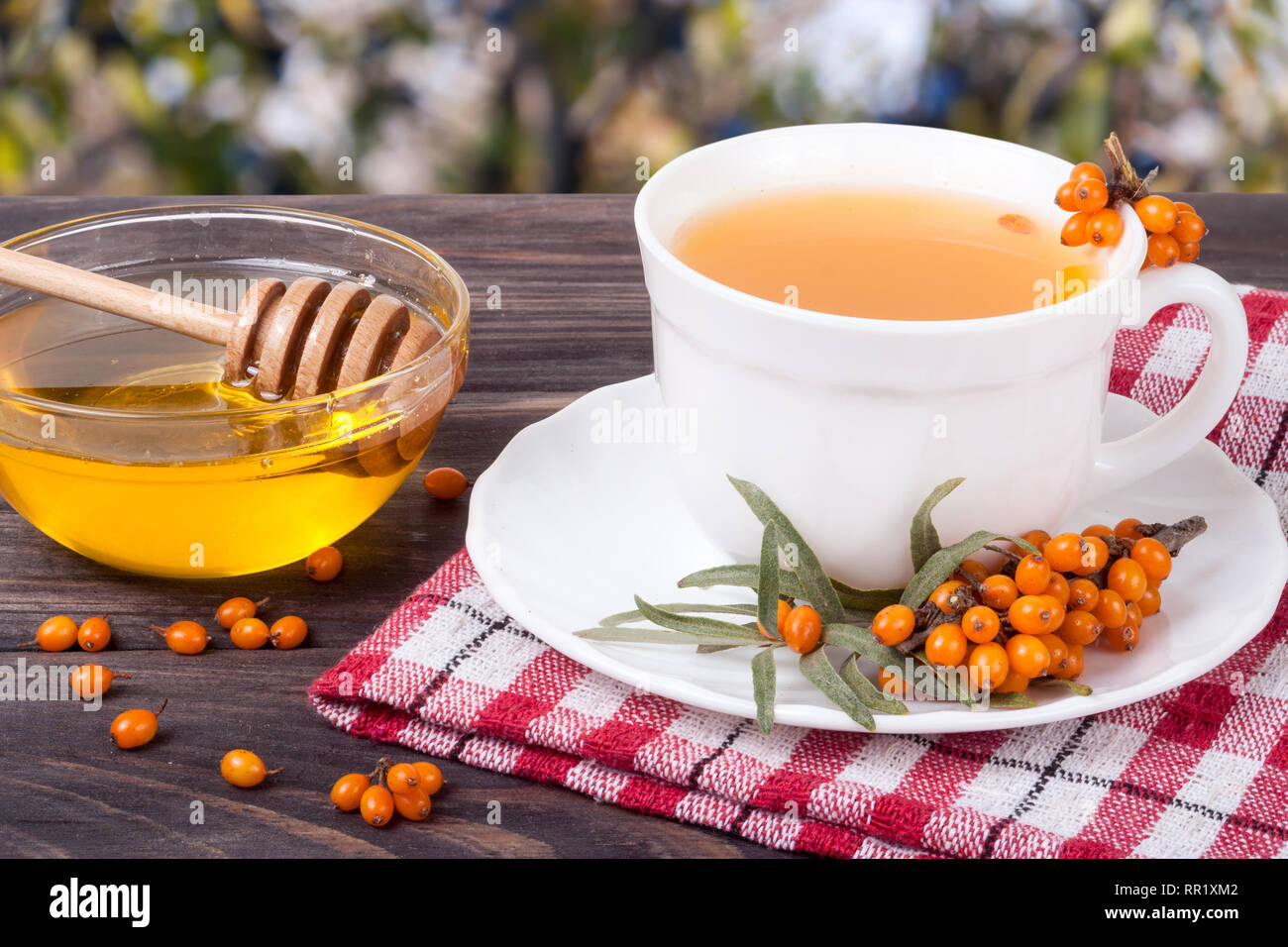 Tea of sea-buckthorn berries with honey on wooden table blurred garden ...