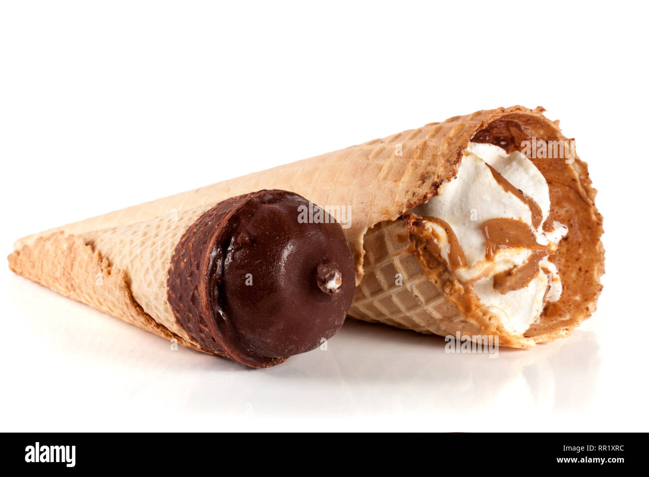 two cones of ice creams with chocolate isolated white background Stock ...
